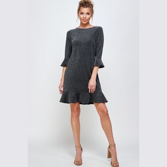 2 Hearts | Dresses | Glittery Gunmetal Grey Dress With Ruffle Sleeves ...